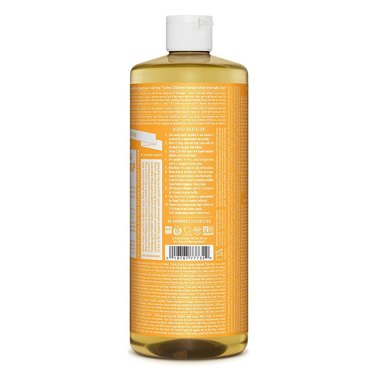 Dr. Bronner's - Pure-Castile Liquid Soap (Citrus, 32 ounce) - Made with Organic Oils, 18-in-1 Uses: Face, Body, Hair, Laundry, Pets and Dishes, Concentrated, Vegan, Non-GMO