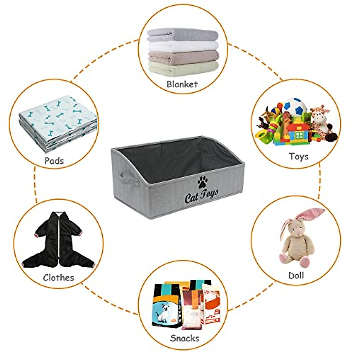 Geyecete Large cat Toy Box Storage Box - Foldable Cotton and Linen Trapezoid Organizer Boxes with Handle, Collapsible Basket for cat Toys-CAT-Striped Gray