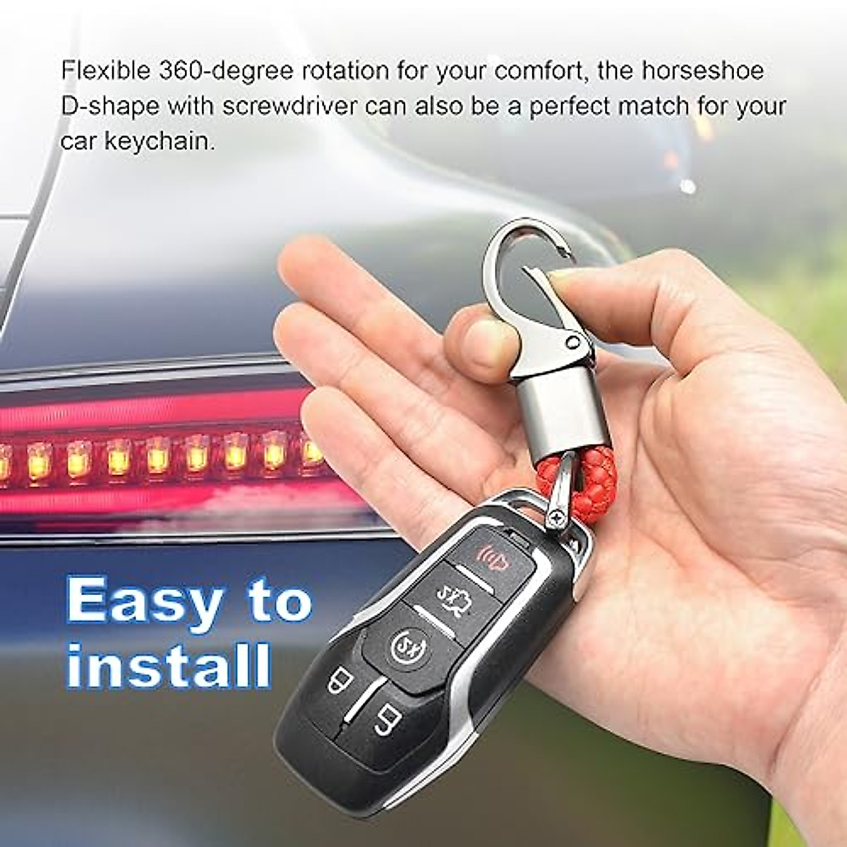 Augeny 2PCS Car Key Fob Keychains, 360 Degrees Rotatable Leather Keys Chain Holder with Anti-Lost D-Ring, Universal Sturdy Metal Key Chains with Screwdriver for Women and Men （Red）