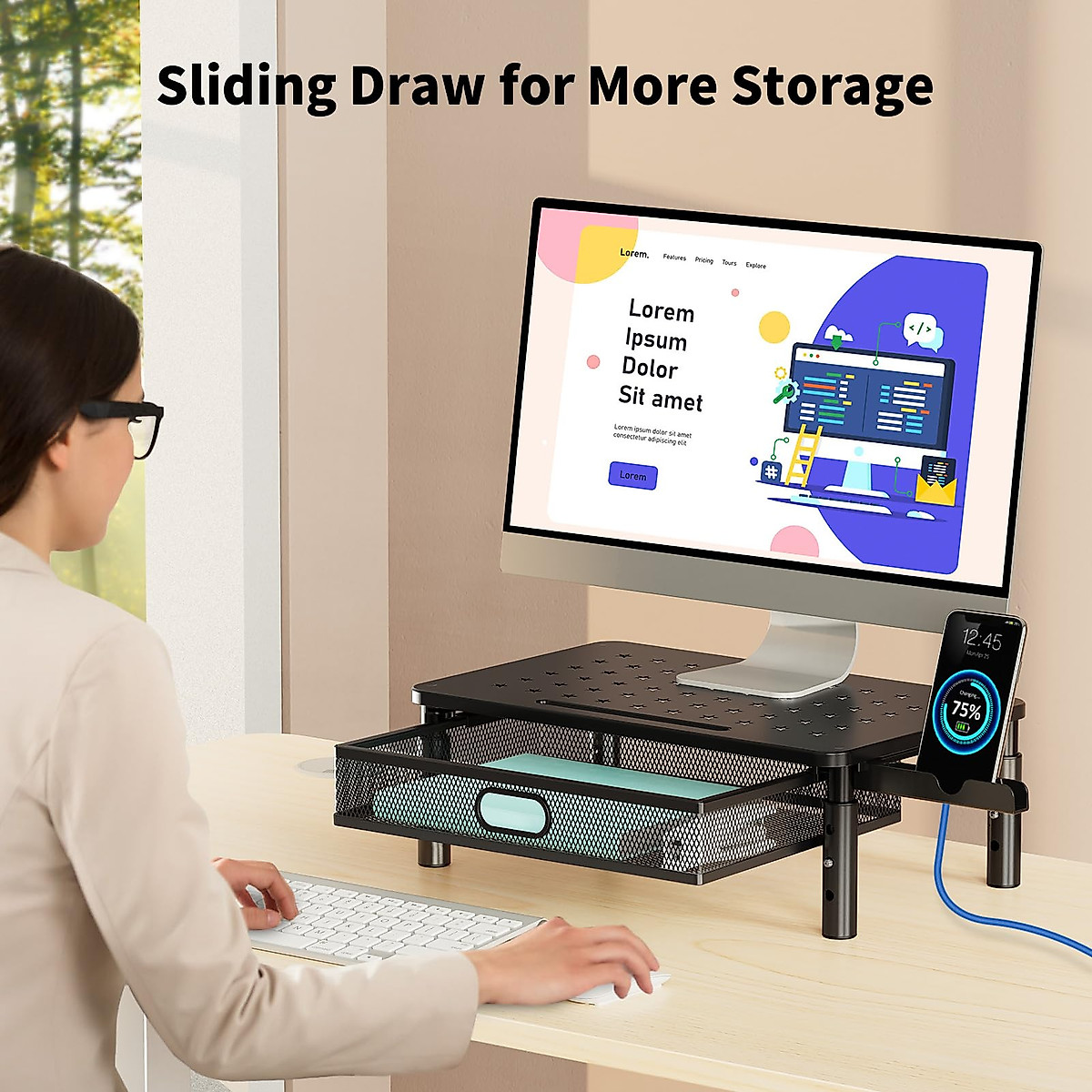 Zimilar Monitor Stand Riser with Metal Mesh Drawer, Height Adjustable Monitor Riser with Phone Holder for Computer, Laptop, Printer, Notebook, Premium Metal Computer Monitor Stand with Storage