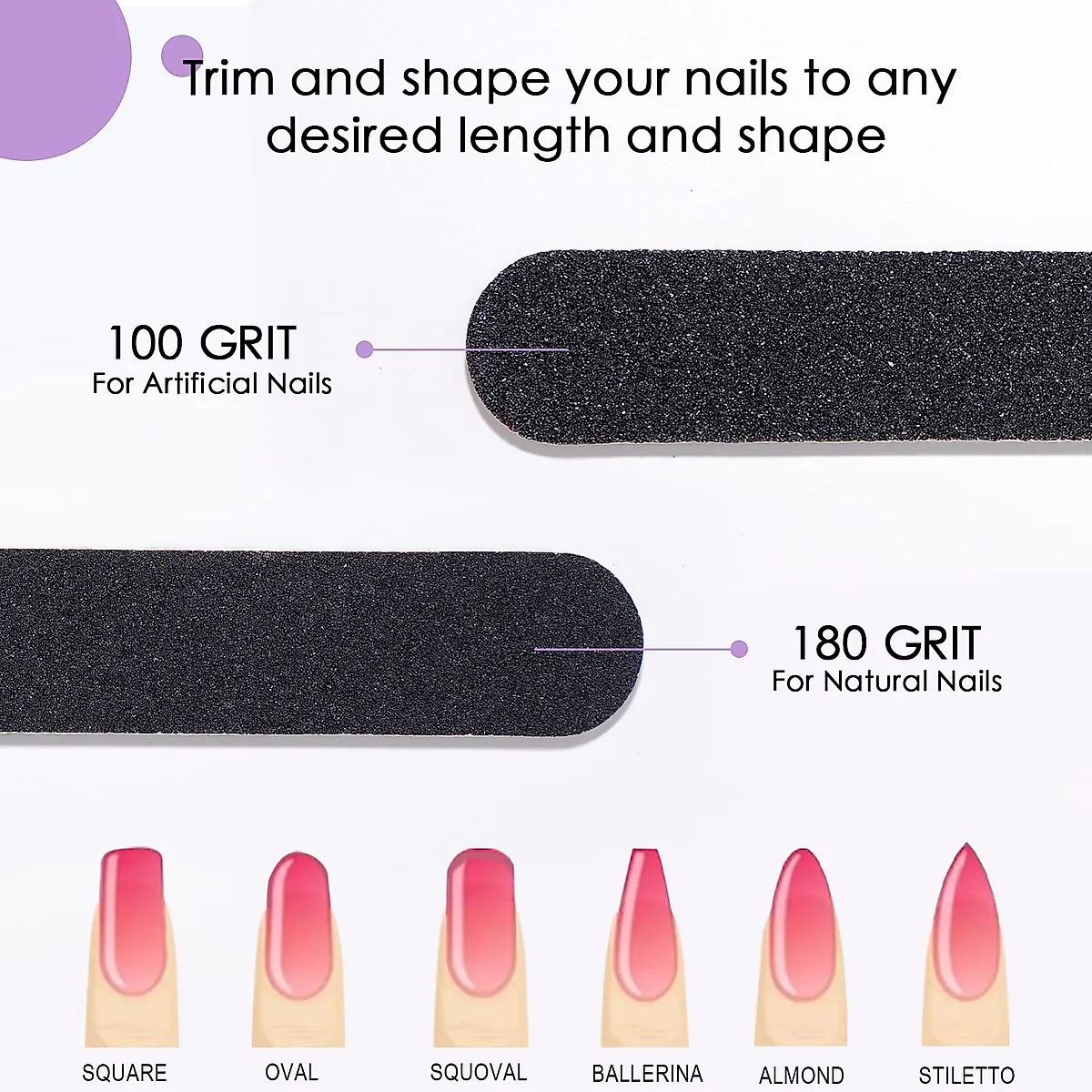 Nail File and Buffer Professional Manicure Tools Kit Emery Board & Nail Buffer Blocks Double Sided Reuseable 100/180 Grit 10Pcs for Home and Salon Use(Purple)