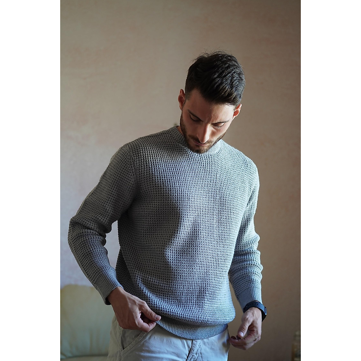 PJ PAUL JONES Crew Neck Sweater for Men Cable Knit Waffle Pullover Thermal Sweaters Grey XXL