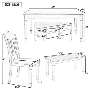GLORHOME 6 Pieces Kitchen Dining Set for 6, Rectangular Wood Table with Little Drawers and 4 Chairs 1 Bench for Family, Gray
