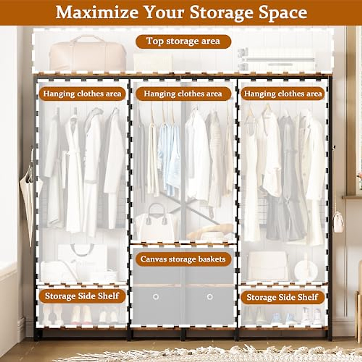 IRONCK Garment Racks with Shelves 4 Drawers and 8 Hooks Heavy Duty Closet Organizer for Hanging Clothes, Freestanding Closet Wardrobe Rack, Vintage Brown