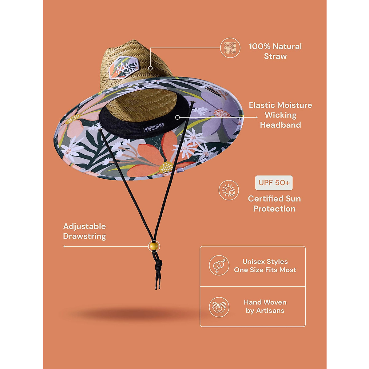 Straw Hat for Men & Women | Lifeguard Hat, Beach Hat & Sun Hat | UPF 50+ Wide Brim for Sun Protection | One Size | Blackout | Hemlock