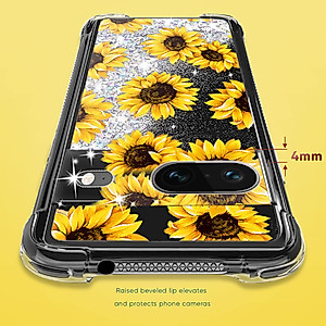 Miss Arts for Pixel 7 Case,Girls Women Flowing Liquid Holographic Holo Glitter Shock Proof Case with Floral Design Bling Diamond Bumper for Google Pixel 7 -Sunflower