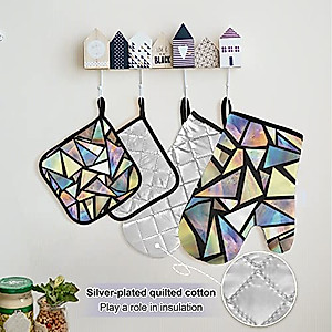 xigua Kitchen Linen Sets Iridescent Triangles Abstract Cooking Apron, 2 Potholders, 2 Oven Mitts, Kitchen Accessories for Cook Men Women Chef Decor