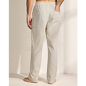 Ficerd 2 Pcs Men's Drawstring Linen Pants Men Casual Beach Trousers with Pocket Lightweight Elastic Yoga Pant (Black, Khaki, Large)