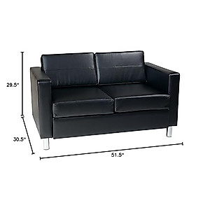 OSP Home Furnishings Pacific Loveseat with Padded Box Spring Seats and Silver Finish Legs, Black Vinyl