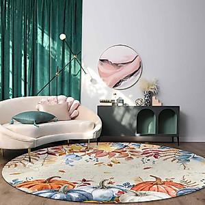 Blue Orange Thanksgiving Fall Round Area Rugs Collection 5', Non Slip Indoor Circular Throw Runner Rug Floor Mat Carpet for Living Room Dining Table Bedroom Nursery Maple Leaf Pumpkins Rustic