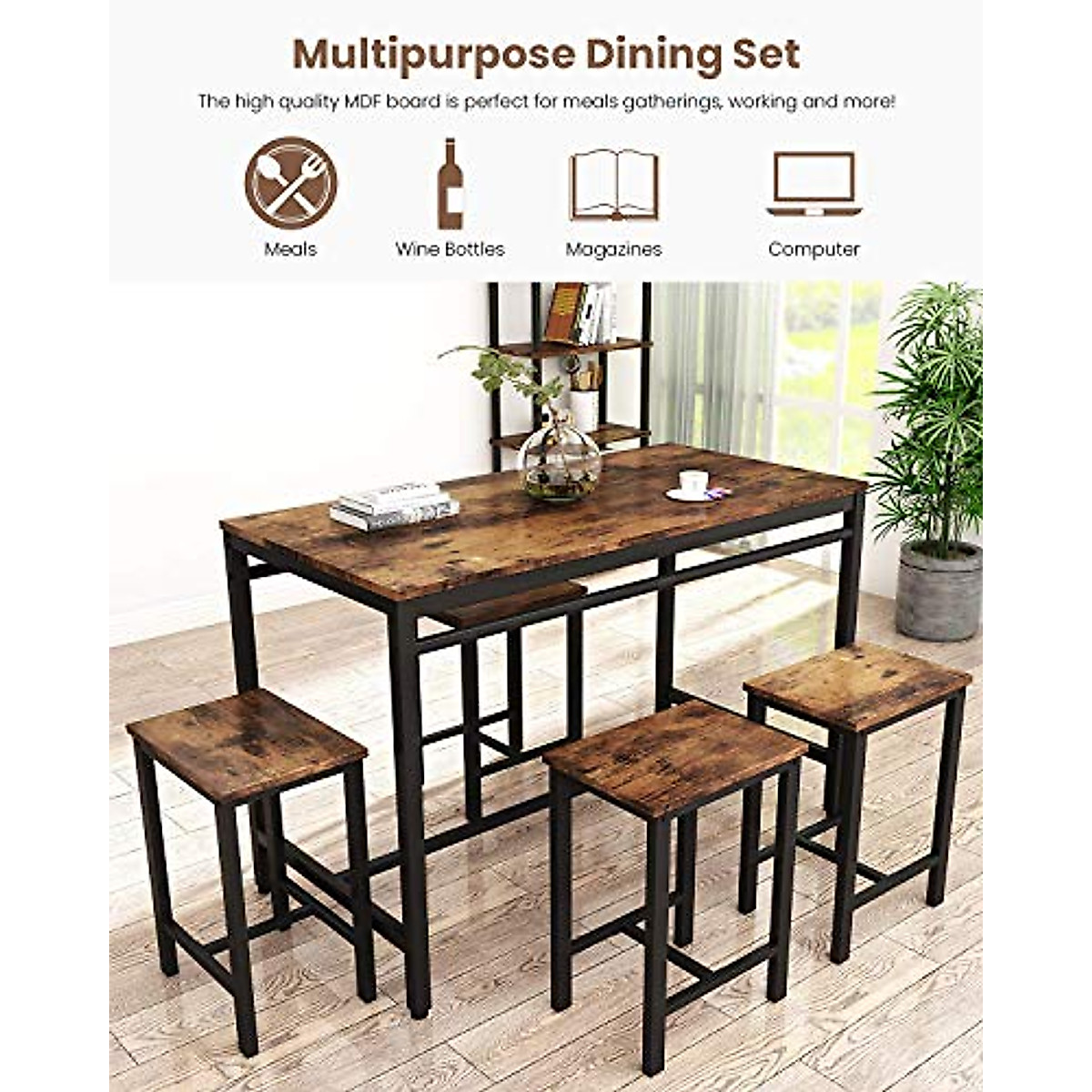 Recaceik 5 PCS Dining Table Set, Modern Kitchen Table and Chairs for 4, Wood Pub Bar Table Set Perfect for Breakfast Nook, Small Space Living Room