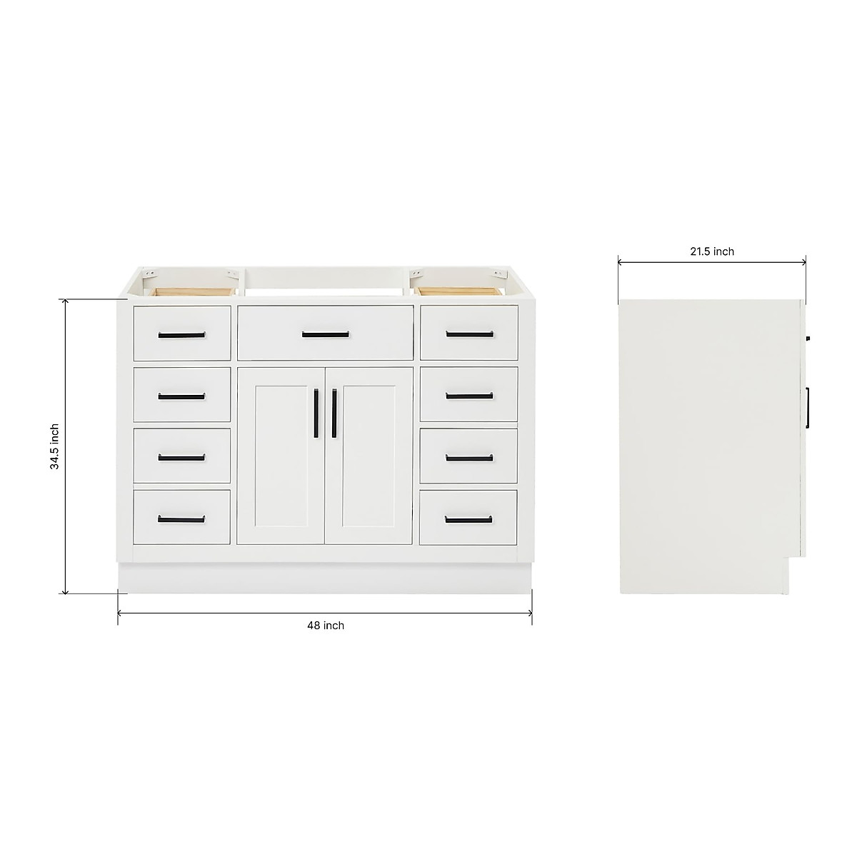 DKB Isabella Bathroom Vanity Base Cabinet 48" White, Single Sink Configuration, 2 Soft Closing Doors, 9 Full Extension Dovetail Drawers, Toe Kick, Matte Black