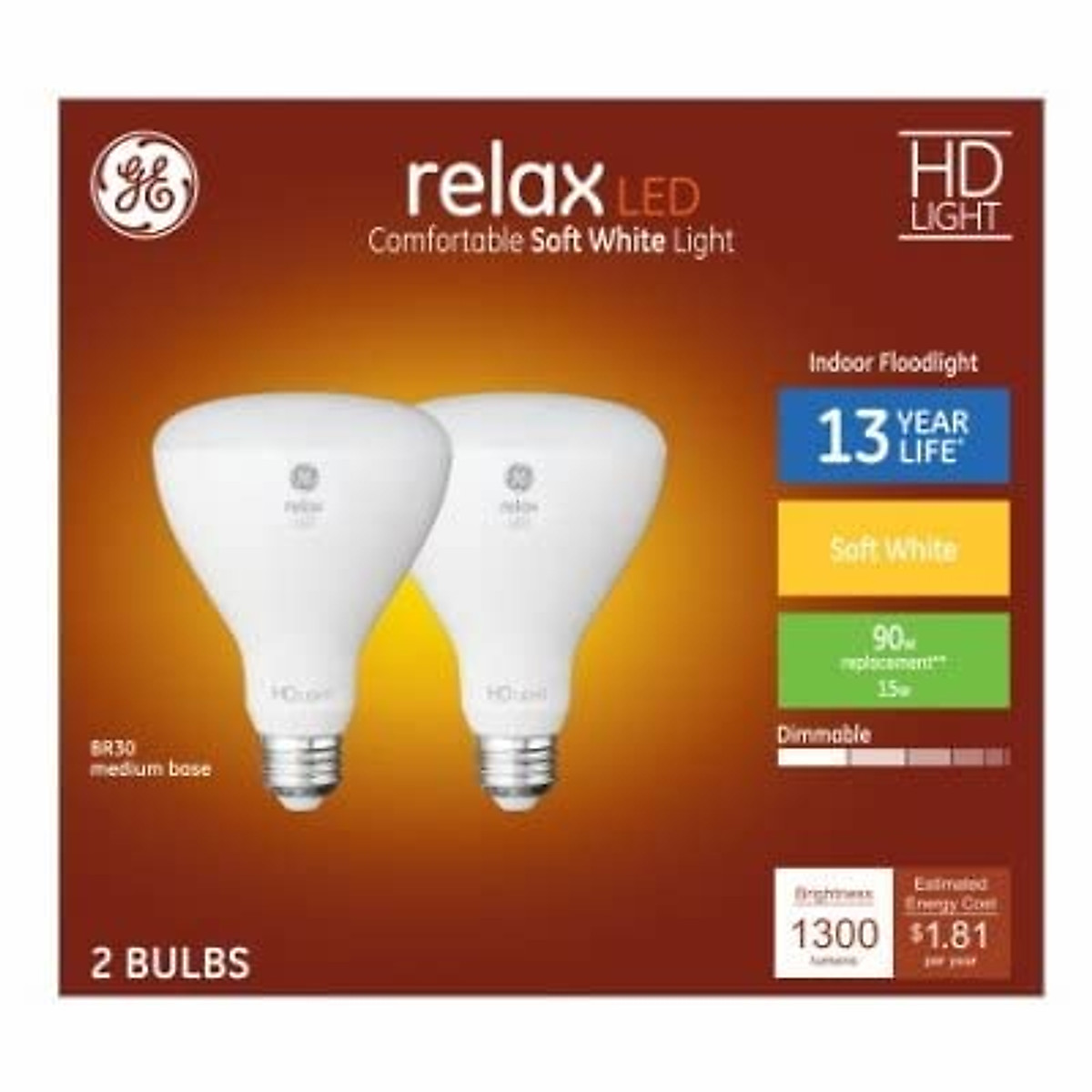 GE Relax LED 90 watt Equivalent BR30 Soft White Dimmable Flood Light Bulb (2 Pack)