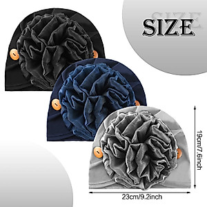 3 Pieces Bouffant Cap with Buttons Elastic Soft Flower Stretch Head Wraps for Nurses (Black, Gray, Navy Blue)