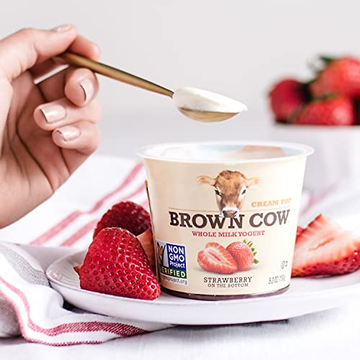 Brown Cow Cream Top Strawberry on the Bottom Whole Milk Yogurt, 5.3 oz. Cup- Creamy, Delicious Yogurt