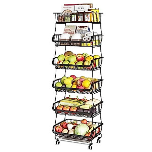 Wisdom Star 6 Tier Fruit Vegetable Basket, Wire Storage Basket Organizer Utility Cart with Wheels, Vegetable Basket Bins for Onions and Potatoes, Fruit Vegetable Storage Cart for Kitchen, Black