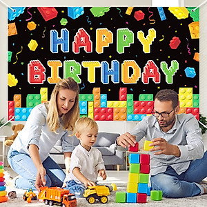 Panelee Building Block Birthday Banner Building Blocks Party Backdrop Building Blocks Birthday Party Decoration Happy Birthday Banner Photography Background for Kids Party Supplies, 72.8 x 43.3 Inch