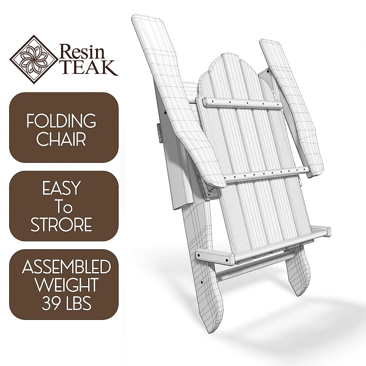 Resin TEAK Folding Adirondack Chair Set of 4, All Weather Folding Plastic Outdoor Chairs for Fire Pit, Campfire, Patio, Porch, Comfortable Seat for Long Relaxation, Up to 300 lb Capacity - Grey