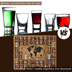 GlikCeil Large World Map 48 Slots Shot Glass Display Case 28 x 23'' Rustic Wood Shot Glass Holder for Different Size Shot Glass Shelf Organizer Wall Mount Shot Glass Storage Shadow Bar Cabinet (Brown)