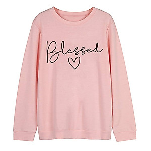 UNIQUEONE Blessed Sweatshirt for Women Letter Print Lightweight Thanksgiving Pullover Tops Blouse (Pink, XX-Large)