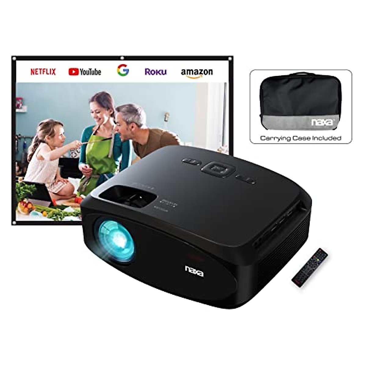 Naxa Electronics NVP-3002C 210″ Home Theater LCD Projector Combo with 100" Portable Screen, Remote, and Case, Gaming Consoles, Bluetooth, HDMI x 2, USB 2.0, MicroSD Support, Black