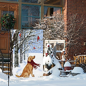 Louise Maelys Winter Garden Flag 12x18 Double Sided, Burlap Small Golden Retriever Dog Cardinal Garden Yard Flags for Winter Seasonal House Holiday Decor (ONLY FLAG)