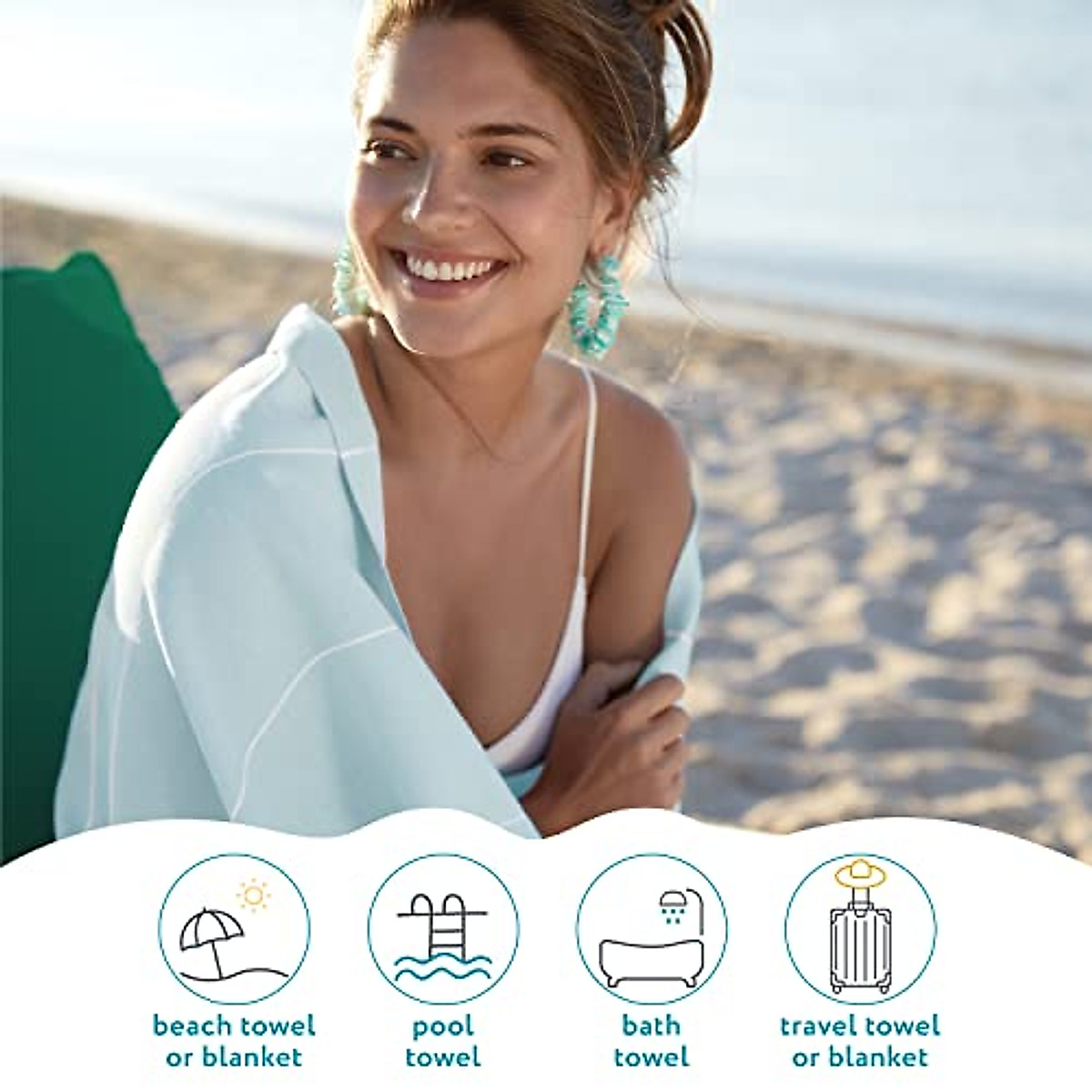 WETCAT Turkish Beach Towel Oversized 38x71 100% Cotton Sand Free Quick Dry Towel Extra Large Turkish Towel Light Travel Towel for Adults Beach Gifts Beach Accessories - Aqua