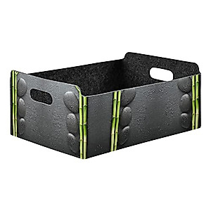 Poeticcity Black Zen Basalt Stones with Dew Green Bamboo on Dark Collapsible Felt Cloth Storage Box, Rectangular Desk Organizer Basket Bin, Detachable Laundry Hamper Plate Counter Holder Box