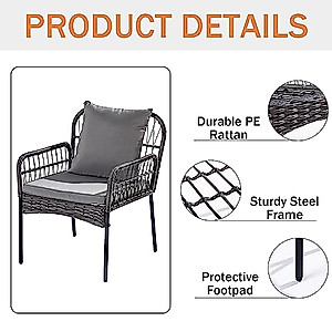 Homsido Small Patio Furniture Set 3 Pieces Boho Outdoor Rattan Woven Chairs Wicker Garden Conversation Balcony Bistro Sets for Yard,Pool or Backyard,Front Porch(Grey Wicker Grey Cushions)