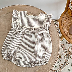 Ashmyova Toddler Girls Linen Summer Casual Dress Kids Vintage Ruffles Stripe Baby Rompers Dresses Kahhi Dress Size 6-7T