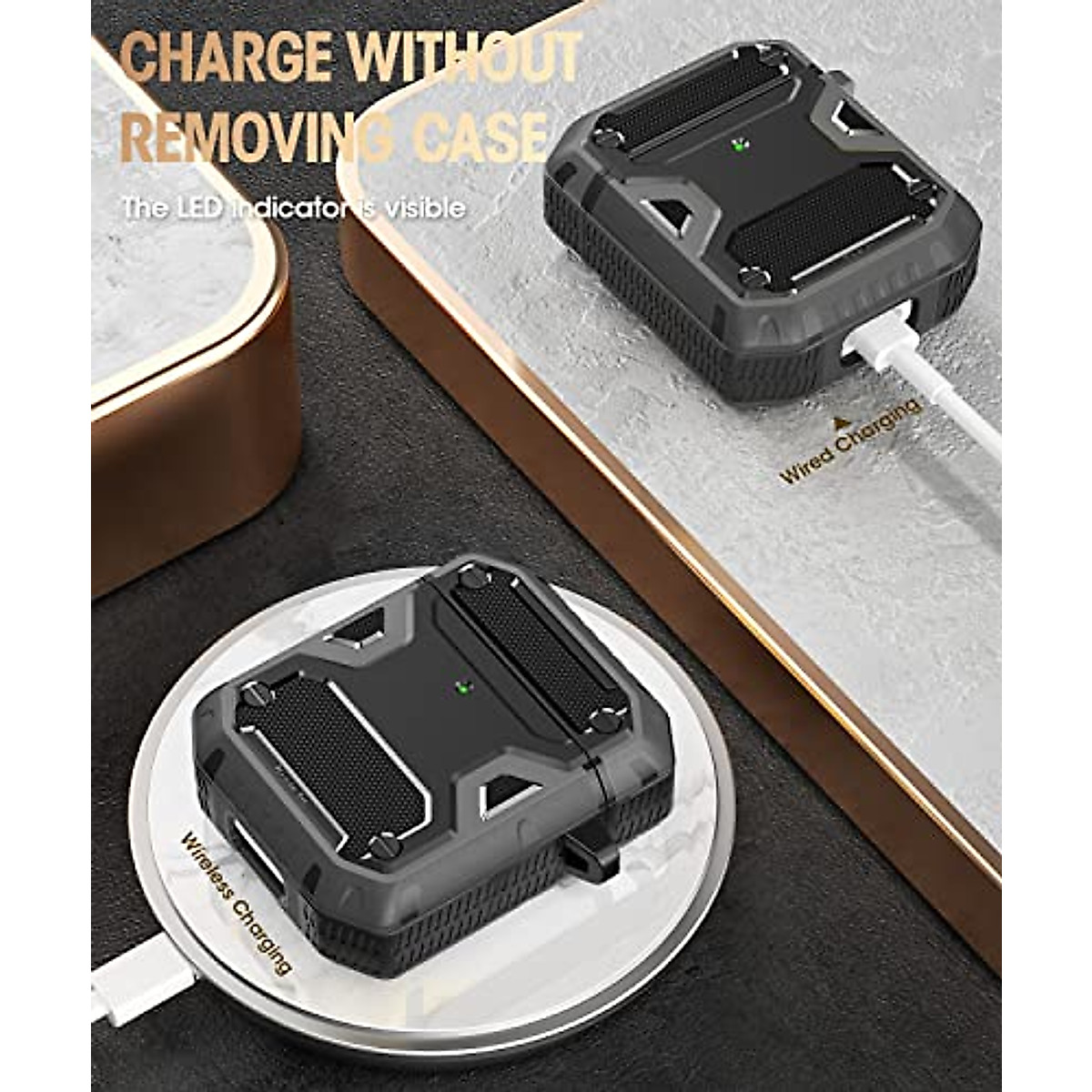 Koaichi Compatible with AirPods Case, Full-Body Rugged Hard Shell Protective Case Cover with Keychain Designed for AirPods 1st & 2nd, Black