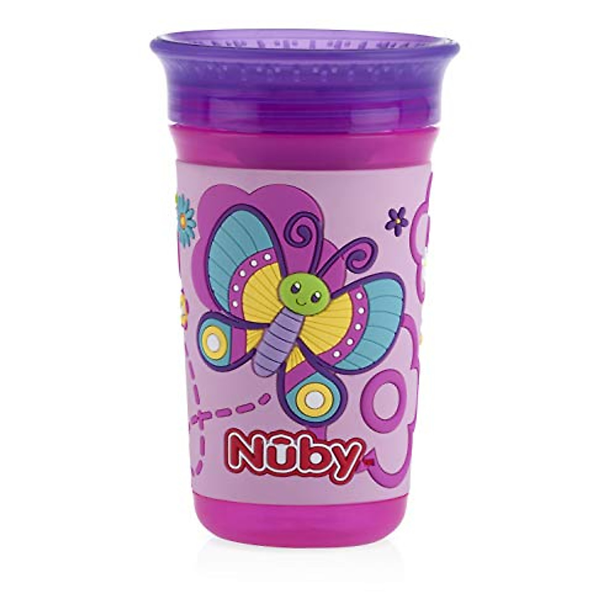 Nuby 360 Degree Easy Sip 3D Grip Wonder Cup with Printed Silicone Sleeve, Purple, Butterfly, 10 Oz