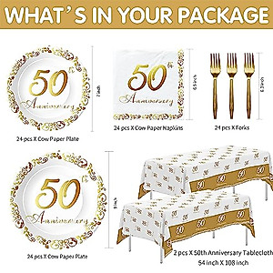 APOWBLS 50th Anniversary Decorations And Supplies Tableware - Golden 50th Wedding Anniversary Decorations, Plate, Napkin, Tablecloth, Fork, 50 Year Anniversary Party Supplies Decorations | Serve 24