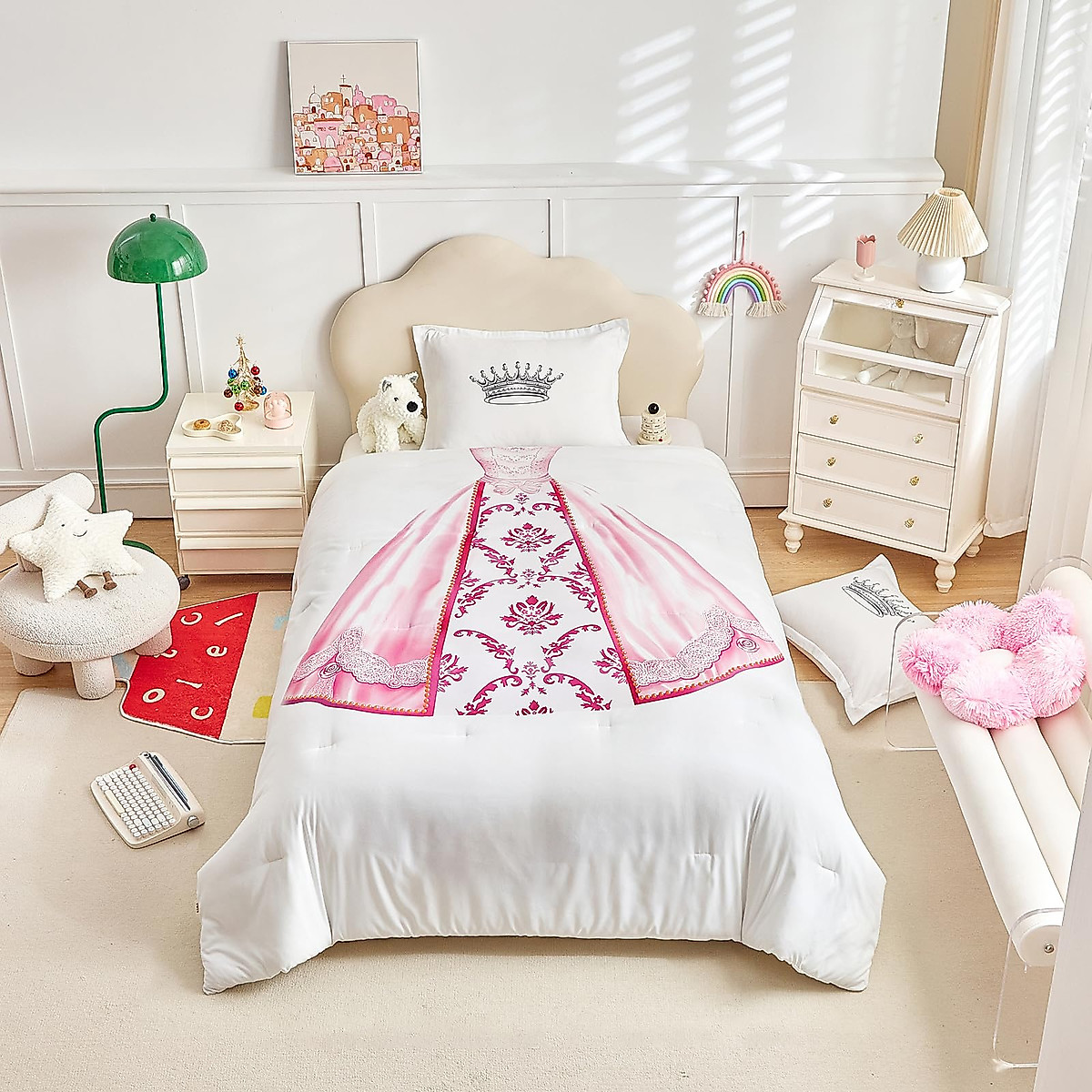 Girls Bed Comforter Set Twin Size 3PC Pink and White Princess Bedding Set with Cute Luxurious Dress Pattern on Comforter and Princess Crown Print on Pillow Shams