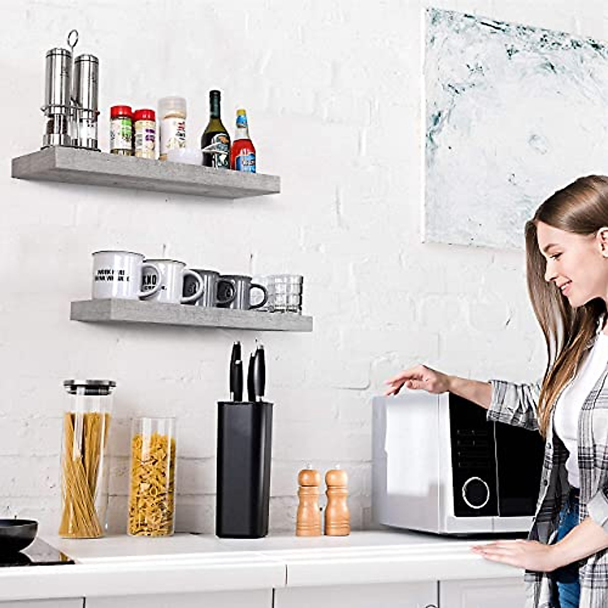 Under.Stated Floating Wall Shelves, 24” Hanging Shelf Set for Living Room, Office, Kitchen, Bathroom &, Perfect Home Room Wall Decor, Rustic Pattern Designed – (Rustic Whitewash Grey 24")