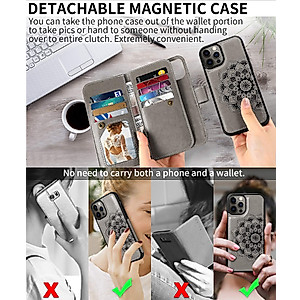 CASEOWL Compatible for iPhone 12 Pro Max Case Wallet Magnetic Detachable 2 in 1 Mandala Embossed Leather Flip Wallet Case with 9 Card Slots,Hand Strap for Women (Gray)