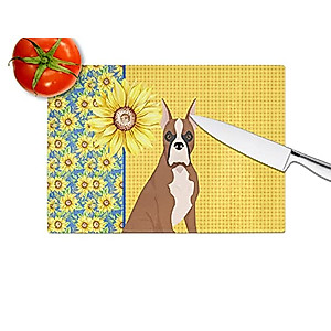 Caroline's Treasures WDK5344LCB Summer Sunflowers Red Fawn Boxer Glass Cutting Board Large Decorative Tempered Glass Kitchen Cutting and Serving Board Large Size Chopping Board