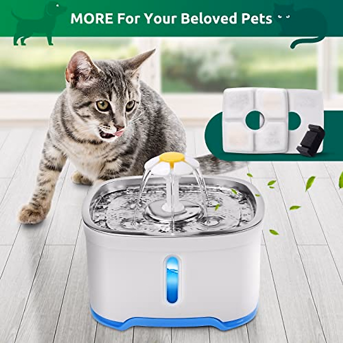 Cat Water Fountain Filters, 8-Pack Cat Fountain Filter Replacement & 4-Pack Pre-Filter Sponges for Square 84oz/2.5L Automatic Pet Fountain, Triple Filtration System Activated Carbon Replacement Filter