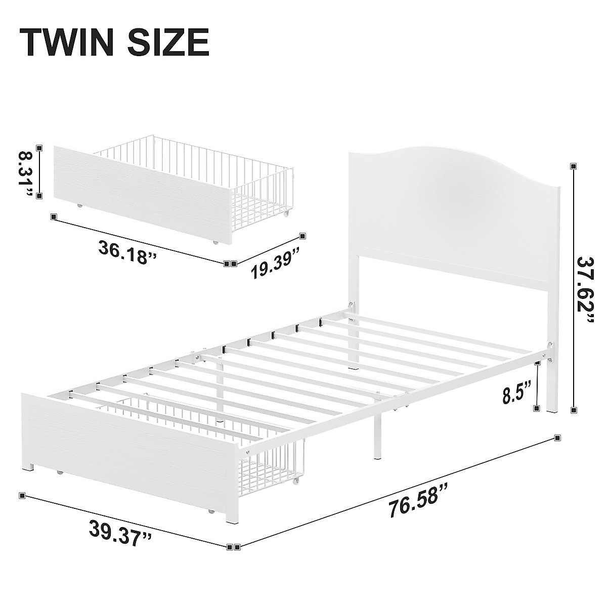 Elephance Twin Bed Frames with Under-Bed Drawer and Headboard, Metal Bed Frame No Box Spring Needed, Noise Free, Easy Assembly