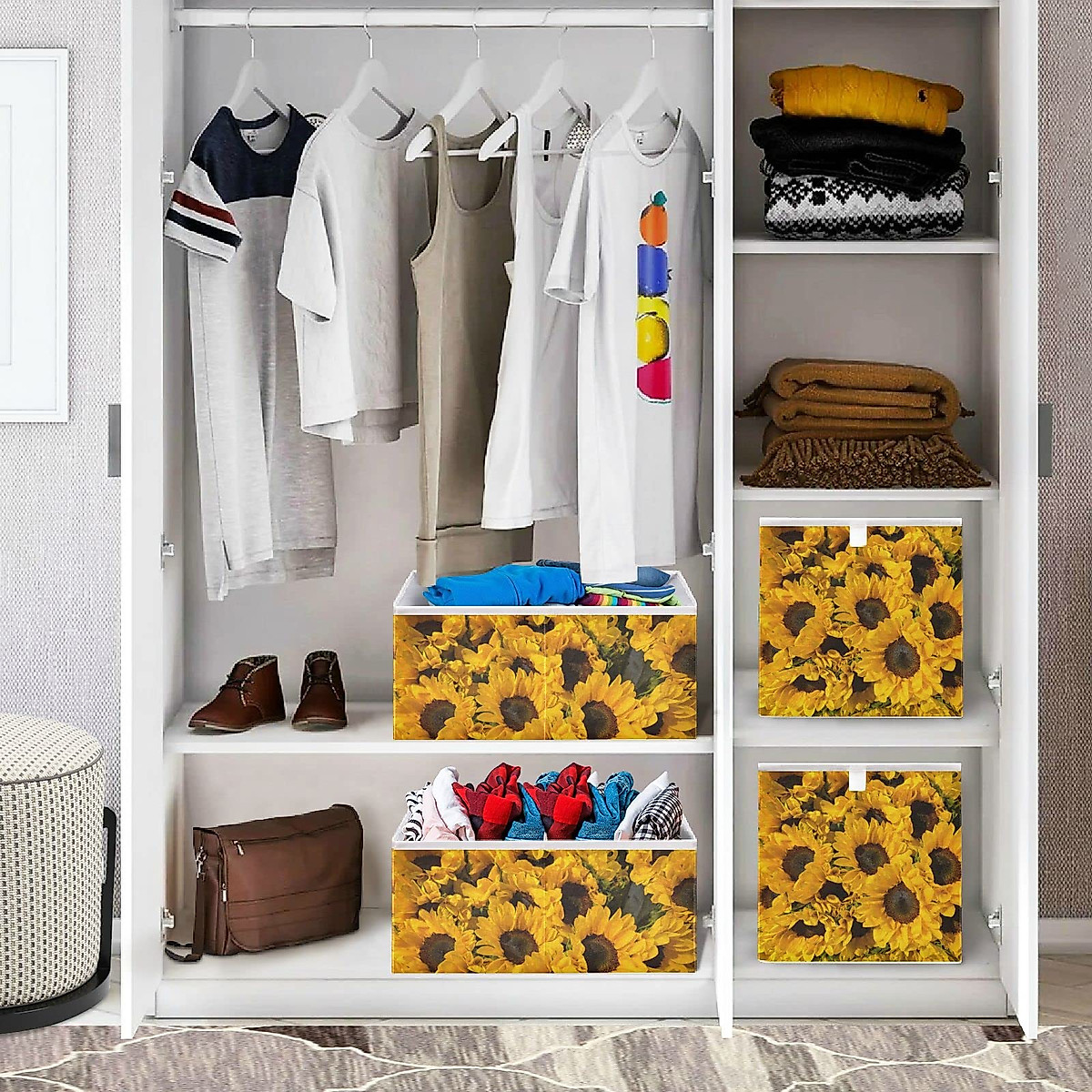 DOMIKING Sunflowers Storage Bin for Closet Shelves Bedroom Foldable Fabric Storage Baskets with Sturdy Handle Large Baskets Organization Cubes 11 Inch