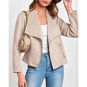 KIRUNDO Women's Faux Leather Suede Jacket 2024 Fall Fashion Light Long Sleeve Cropped Jacket Coats with Pockets(Beige Apricot, Medium)