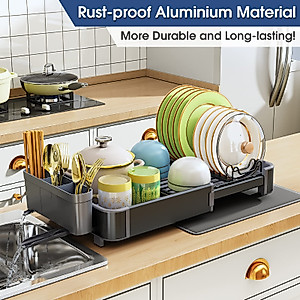 HERJOY Aluminium Dish Drying Rack, Dish Racks for Kitchen Counter, Expandable(14.9"-22.2") Kitchen Large Capacity Dish Drying Rack with Drainboard, Dish Rack with Utensil Holder(Drying Mat Gift)