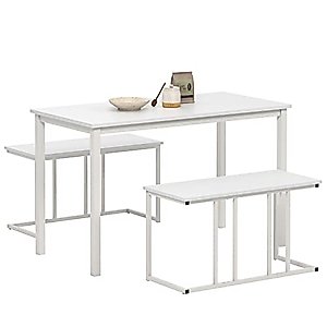 DlandHome 47'' Dining Table Set for 4, Kitchen Table Set Dining Table and 2 Benches, Kitchen Table and Benches, 3 Pieces Breakfast Table Set Dining Table with Bench Dining Room Bench Set, White