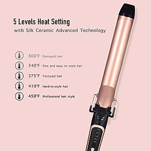 Lanvier 1.25 Inch Clipped Curling Iron with Extra Long Tourmaline Ceramic Barrel, Professional Hair Curler up to 450°F Dual Voltage for Traveling, Hair Waving Style Tool for Girls & Women-Rose Gold