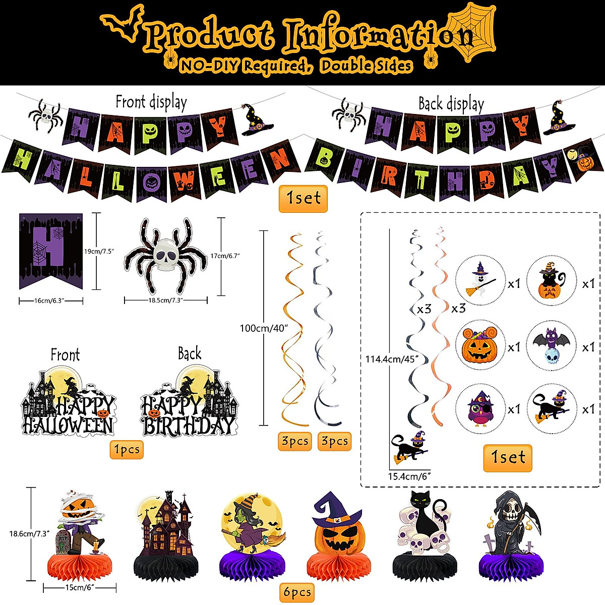 Halloween Birthday Party Decorations Halloween Decorations Banner Indoor, Halloween Honeycomb Table Centerpieces with Hanging Swirls and Cake Topper,Halloween Birthday Decorations for Home(49Pcs)