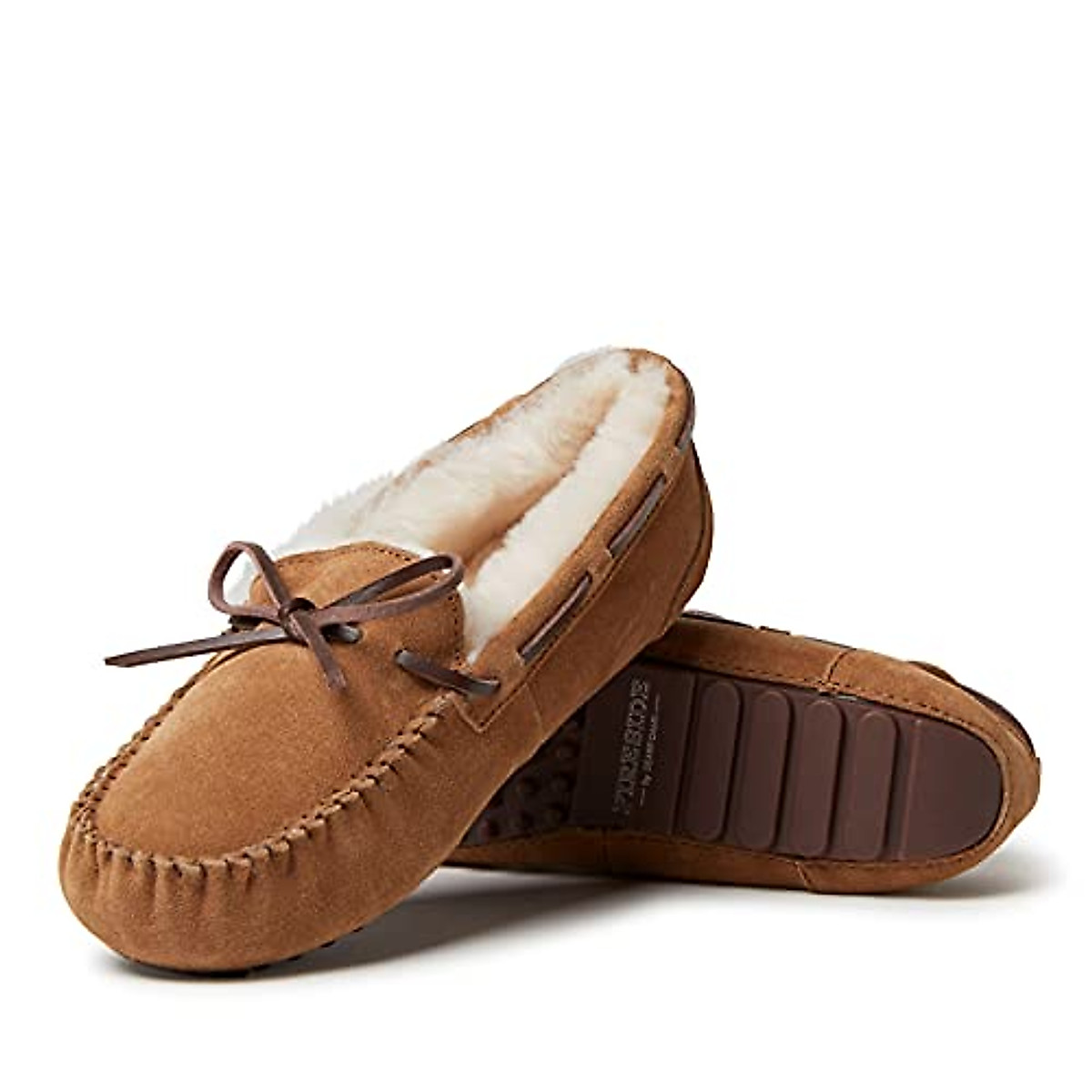 Dearfoams Women's Fireside Water Resistant Indoor/Outdoor Shearling Victoria Moccasin with Tie Slipper, Chestnut,8