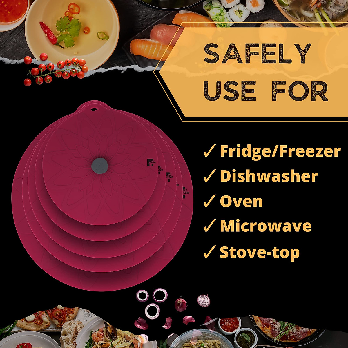 HOGOWARE Set of 5 Premium Silicone Lids for Bowls and Food Covers - 6, 8, 10, 12, 13.5" - Brick Red Suction Lid - Reusable - Microwave Airtight Seal Lid Covers for Pots, Pans, Bowls, Cups, Skillets