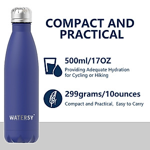 WATERSY Stainless Steel water bottles,17oz/500ml Insulated Water Bottles,Deep Blue metal water bottle Keeps Drink Cold and Hot,BPA Free kids water bottles for School,Gym,Travel,Sports