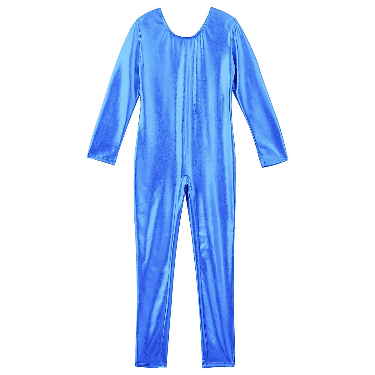 easyforever Kids Girls One Piece Long Sleeves Full Body Footless Gymnastics Ballet Dance Leotard Jumpsuit Royal Blue Shiny Metallic 4 Years