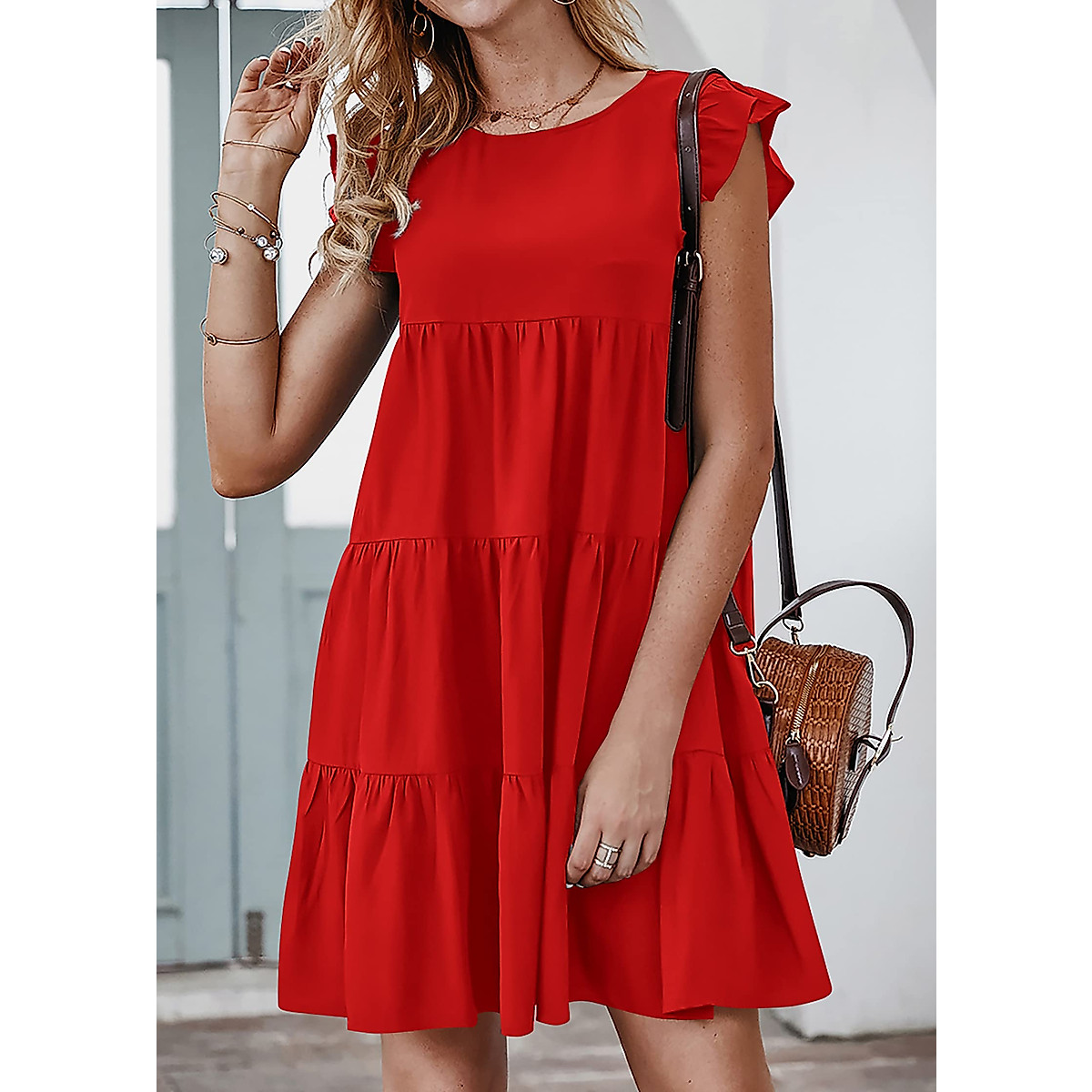 KIRUNDO Valentines Dress for Women Summer Sleeveless Ruffle Sleeve Round Neck Loose Short Flowy Pleated Mini Babydoll Sundresses, Red, Medium